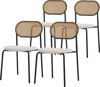 ML Design ML-Design Esszimmerst&uuml;hle 4er Set Beige, K&uuml;chenstuhl mit Rattan R&uuml;ckenlehne, Gepolsterte St&uuml;hle mit gebogener Netzr&uuml;cke, Rattanstuhl mit Metallbeinen,