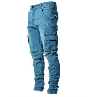 Generic Jean cargo pour homme en denim slim fit stretch d&eacute;chir&eacute;, jean r&eacute;tro d&eacute;contract&eacute;, pantalon en denim punk, pantalon droit de travail, bleu, M