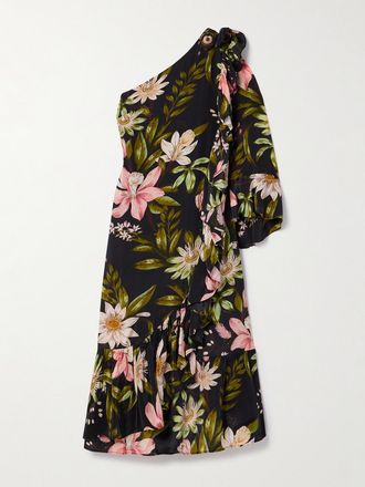 Farm Rio Asymmetrisches Midikleid Aus Cr&ecirc;pe De Chine Mit Blumenprint Und R&uuml;schen - Schwarz