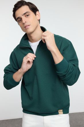 Trendyol MAN Herren Gr&uuml;n Slogan Lang Oversize Sweatshirts