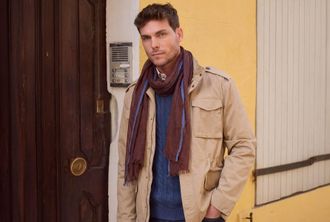 Bexley Ch&egrave;che Lin Coton II - Echarpes homme chambray marron et bordure bleu fonc&eacute;