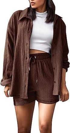 Generic Ensemble 2 pi&egrave;ces pour femme - Tenue de plage assortie - Chemise deux pi&egrave;ces &agrave; manches longues et short &agrave; cordon de serrage - Surv&ecirc;tement d&eacute;t&eacute; 2026 as