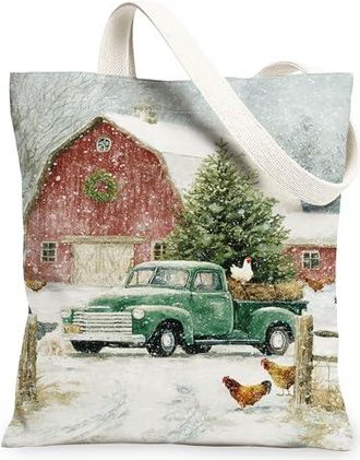 Generic Sacs fourre-tout rustiques en toile pour camion, motif ferme dhiver, r&eacute;utilisables, l&eacute;gers et lavables avec bandouli&egrave;re pour lext&eacute;rieur, vert, 13x15 I