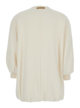 Max Mara Womens White Crewneck Knit Jacket With Logo Patch Virgin Wool Coat