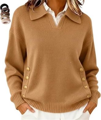 Generic Pull en tricot confortable avec boucle en m&eacute;tal pour femme - Col - Manches longues - Doux - Pour un usage quotidien, kaki, 4XL
