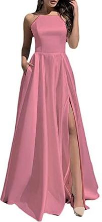 ORANDESIGNE Robe Longue Femme Été sans Manches Col en V Robe Cocktail Mariage Soiree Cérémonie Dos Nu Clubbing Sexy Satin Soiree Moulante Robe B Rose XL