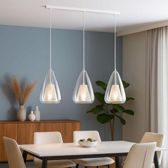 Nowa Lampe &agrave; suspendre 3 flammes Lampe de table &agrave; manger verre clair Suspension m&eacute;tal blanc Lampe de salon, m&eacute;tal, 3x E14, LxH 75x150 cm
