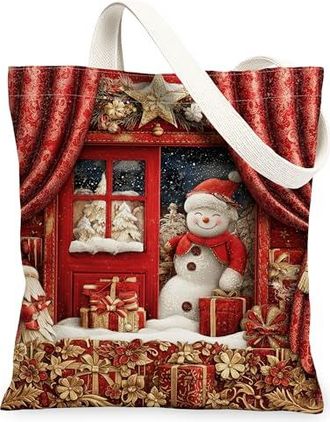 Generic Sacs fourre-tout en toile motif bonhomme de neige de No&euml;l, sacs r&eacute;utilisables, sacs dhiver l&eacute;gers et lavables en toile avec bandouli&egrave;re, Rouge, 13x15 