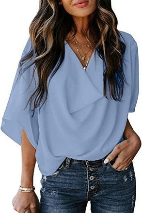 Onsoyours Femme Chemisier Unie Blouse Chemise Lâche Col V T Shirt à Manches Longues Top Blouse 3/4 Manches Évasées Top Automne C Bleu XL