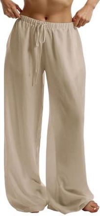 Generic Pantalon &agrave; jambe large pour femme, pantalon en lin pour femme, pantalon d&eacute;contract&eacute; avec cordon de serrage, taille &eacute;lastique, pantalon long l&eacute;ger de c