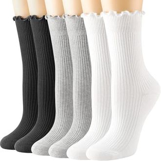 Dreshow 6 Paires Chaussettes &agrave; Volant Femme - Chaussettes de Cheville D&eacute;contract&eacute;es en Coton Tricot&eacute;es Respirantes