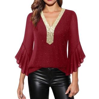 Generic Haut de soir&eacute;e pour femme &agrave; paillettes scintillantes, &eacute;l&eacute;gant &agrave; manches &eacute;vas&eacute;es, tunique haut d&eacute;contract&eacute; col en V, chemisier double couche, chemisier