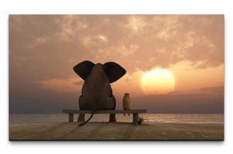Paul Sinus Art Bilder XXL Elefant und Hund schauen in Sonnenuntergang 120x70cm Wandbild auf Leinwand