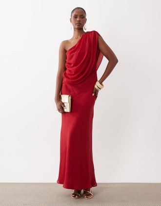 Asos Robe longue en mousseline &agrave; &eacute;paules drap&eacute;es et dos b&eacute;nitier - Rouge