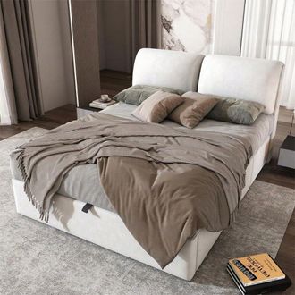 Generic Polsterbett mit hydraulischem Lattenrost und DREI Schubladen, 140x190 cm großes Samtbett in Grau mit Stauraum und Kopfteil, ohne Matratze (Beige)