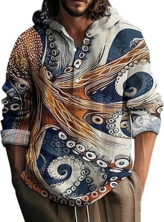 Generic Sweat &agrave; capuche pour homme - Style d&eacute;contract&eacute; - Manches longues - Imprim&eacute; hawa&iuml;en - Coupe ample - Demi-bouton - En lin - L&eacute;g&egrave;re, respirante et confor