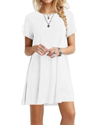 Zeagoo Tshirt Kleid Damen Knielang Rundhals Kurzarm Kleider Sommer Leicht Luftig T Shirtkleid L&auml;ssig Sommerkleid mit Taschen Wei&szlig; XL