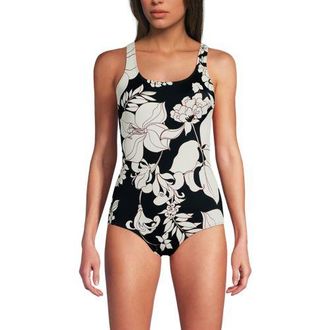 Lands End Gemusterter Komfort-Badeanzug CHLORRESISTENT mit Soft Cups in Lang-Gr&ouml;&szlig;e, Damen, Gr&ouml;&szlig;e:40 regular, Schwarz, Nylon-Mischung, by Lands End