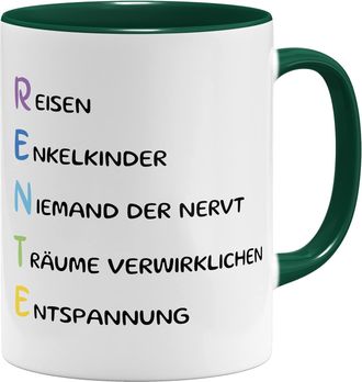 OM3 Rente Tasse mit Spruch Abschiedsgeschenk Ruhestand| Keramik Becher | 11oz 325ml | Beidseitig Bedruckt | Grün