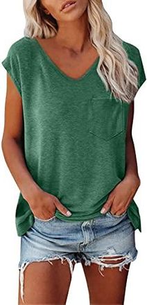 Generic Chemise unie à manches courtes pour femme - Chemisier à manches courtes et col en V - Couleur unie - Doux et ample - T-shirt dété pour femme - Vêtemen