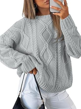 Generic Chandail surdimensionn&eacute; en tricot torsad&eacute; &agrave; col ras-du-cou pour femme, v&ecirc;tements dhiver confortables, manches longues et col rond, pull d&eacute;contract&eacute;, g