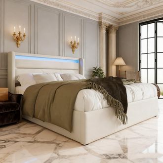 Generic Weißes Polsterbett mit Hydraulikfunktion und LED-Lichtleiste, 140x200 cm Doppelbett als vielseitiges Stauraumbett