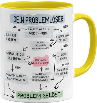 OM3 lustige Kaffee-Tasse mit Spruch - Problemlösung auf der Arbeit - Problemlöser - Keramik Becher - 11oz 325ml - Beidseitig Bedruckt - Gelb