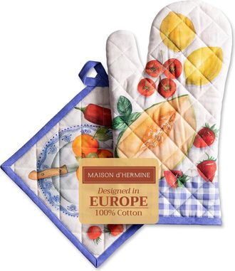 Maison d'Hermine Ofenhandschuhe + Topflappen 100% Baumwolle, hitzebeständiger Ostern Ofenhandschuh(19cm x 33cm) & Topflappen(20cm x 20cm) zum Kochen, Grillen, Backen, 