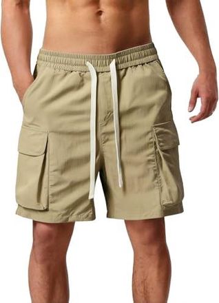 Generic Short cargo pour homme avec poches, v&ecirc;tement de travail d&eacute;t&eacute; avec cordon de serrage, couleur unie, pantalon noir, taille &eacute;lastique, respirant, extensi