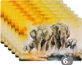 MuchoWow Placemats Platzdeckchen Platzset Tischset 6-teilig Tischdeko Untersetzer 45x30 cm Elefant - Aquarellfarbe - Familie