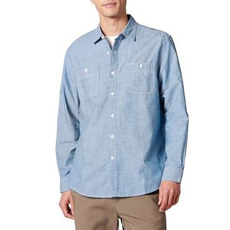 Amazon Essentials Chemise en Chambray &agrave; Manches Longues Coupe R&eacute;guli&egrave;re Homme, Bleu, L