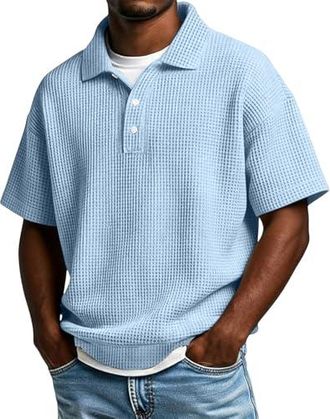 Generic Polo pour homme - Coupe muscl&eacute;e - Haut gaufr&eacute; - Uni - Manches courtes - Couleur unie - Polo de golf - T-shirt basique confortable et respirant - V&ecirc;tem