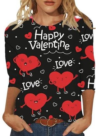 Generic T-shirt &agrave; manches trois-quarts et col rond imprim&eacute; graphique pour la Saint-Valentin 2026, Rouge, XXL