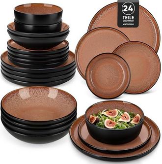 VANCASSO AMBER Service Vaisselle 6 Personnes, Ensemble Assiettes de Table 24 Pi&egrave;ces en Gr&egrave;s - Assiettes Plates, Assiettes &agrave; Dessert, Bols &agrave; P&acirc;tes et Bols - Ada