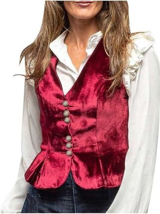 Generic Gilet en velours pour femme - Gilet boutonné - Style décontracté - Couleur unie - Coupe ajustée - Col en V - Sans manches - Veste de fête, bordeaux, X