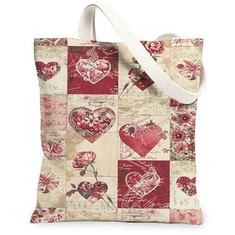 Generic Sacs fourre-tout en toile florale de Saint-Valentin, motif coeur, sacs d&eacute;picerie r&eacute;utilisables, toile vintage l&eacute;g&egrave;re et lavable pour Tra, Rouge, 13x15