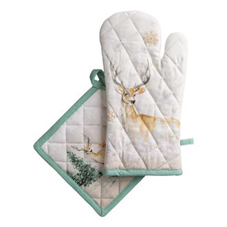 Maison d'Hermine Ofenhandschuh + Topflappen aus 100% Baumwolle, hitzebeständige Küchen-Ofenhandschuh(19cm x 33cm) & Topflappen(20cm x 20cm) für Köche, Deer In The Wood