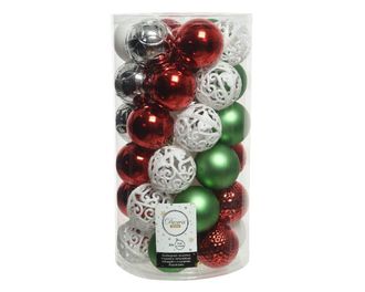 Kaemingk Weihnachtskugeln Kunststoff 6cm x 37 St&uuml;ck Ornamente Mix Christbaumkugeln Set - Rot/Wei&szlig;/Mint/Silber