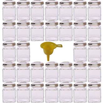 mikken Art 32 Mini-Marmeladengläser für 50 ml. mit silbernem Deckel/für Konfitüren, Öle, Salz, Gewürze, etc. - inkl. einem gelben Einfülltrichter