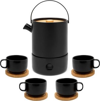 Bredemeijer schwarze keramische Teekanne 1.2 Liter mit Teewärmer Tee-Filter Sieb-Einsatz & 4 Teetassen - Steingutkanne ideal für losen Tee