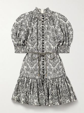 Zimmermann Wylie Minikleid Aus Baumwolle Mit Stickereien Und Bindeg&uuml;rtel - Grau