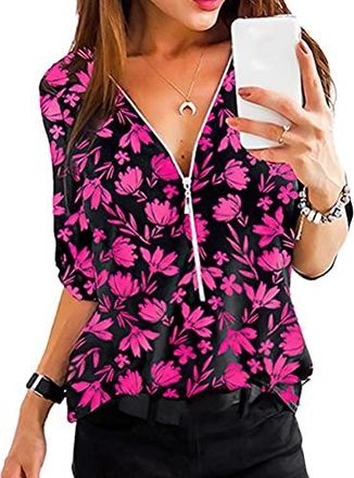 Onsoyours Chemisier Femmes Tunique Haut Demi Manches Longues Tops Lâche Blouse Chemisier Femme Chic Chemise Fermeture Éclair T-Shirt en Col V avec Zip B Rouge 3