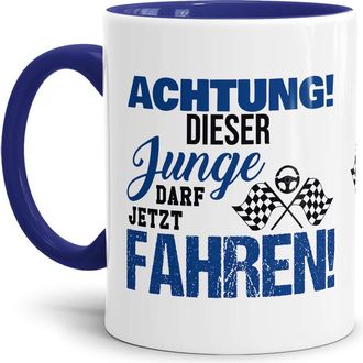 Tassendruck Spruch-Tasse zum Führerschein - Junge - Innen & Henkel Dunkelblau - Mug/Cup/Becher/Lustig/Geschenk-Idee/Beste Qualität
