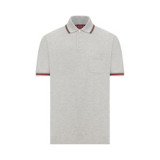 Gucci Besticktes Logo Baumwoll-Poloshirt - - Tops - Herren - Grau - M