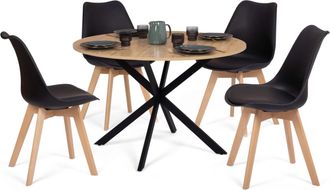 IDMarket Esstisch, rund, Alix, 110 cm, Holz und Schwarz und 4 Stühle, Sara, schwarz