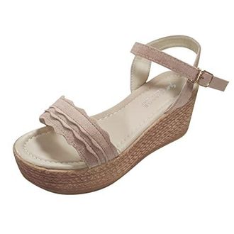 Generic Sandales compens&eacute;es pour femme - Sandales &agrave; plateforme tiss&eacute;e et tress&eacute;e &agrave; talons carr&eacute;s - Chaussures confortables &agrave; bout ouvert - Sandales &agrave; une band