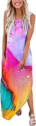 Generic Robe longue d&eacute;t&eacute; 2026 boh&egrave;me pour femme, col rond, sans manches, fendue, longue poche, d&eacute;bardeur de plage, rose, M