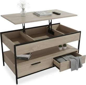 Relaxdays Couchtisch, aufklappbar, 2 Schubladen, 4 F&auml;cher, HBT 48 x 100 x 50cm, Industrial Sofatisch, Hellbraun/schwarz