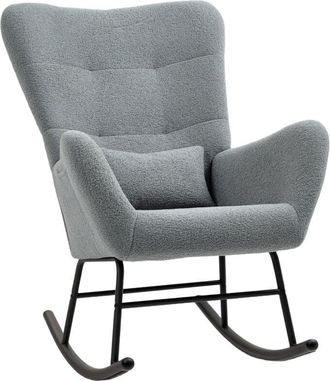 HOMCOM Homcom - Schaukelstuhl, Schaukelsessel mit Teddystoff-Optik, Armlehne, Stillsessel mit Metallkufen, Lendenkissen, Relaxsessel mit Seitentasche f&uuml;r