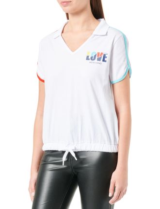 Love Moschino V-Neck Short-Sleeved t-Shirt, Knitted Collar and Drawstring at The Bottom, in 30/1 Cotton Jersey, Customized with Multicolor Transfer Print and Multic
